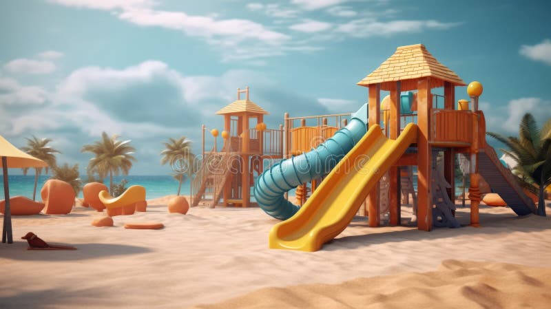 Outdoor Play Area with a Slides on the Beach. Generative AI. Stock ...