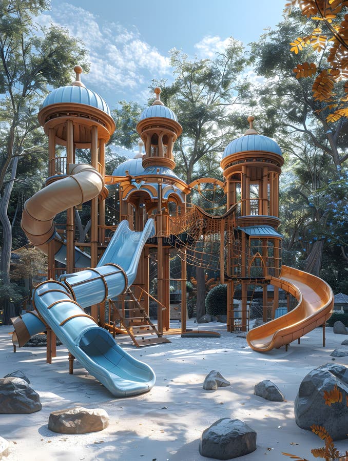 An Outdoor Playground with Slides and a Tree House Under a Blue Sky ...