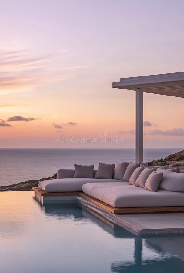 Outdoor Pool Area with Soft Sun Bed at Sunset with Sea View. Stock ...