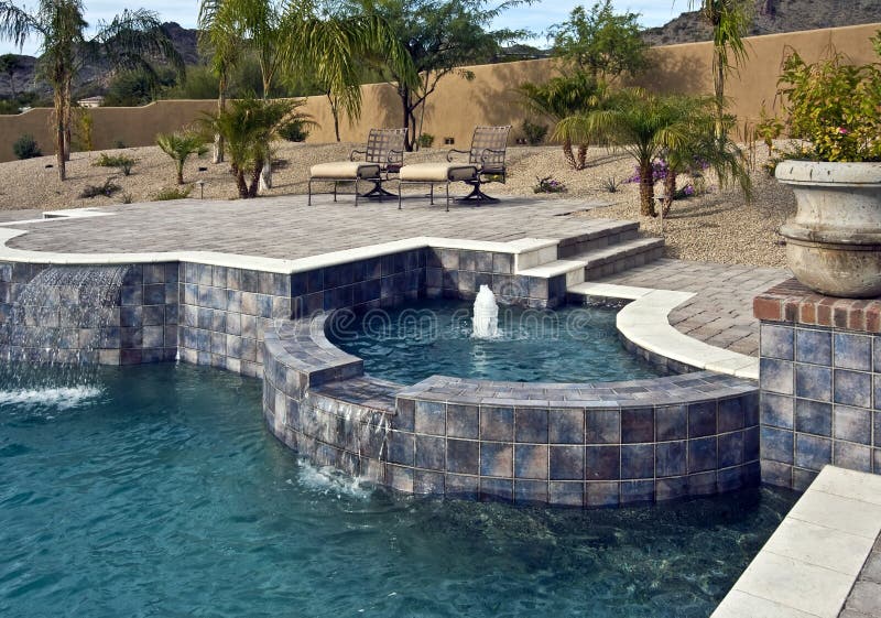 Fountain and Waterfall Pool Stock Photo - Image of granite, building ...