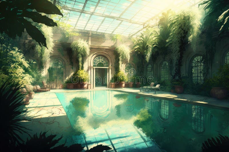 Outdoor Pool Surrounded by Lush Greenery and Warm Sunshine Stock Image ...