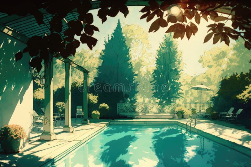 Outdoor Pool Surrounded by Lush Greenery and Warm Sunshine Stock Photo ...