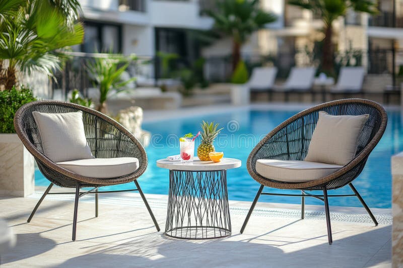 Poolside Seating Area with Stylish Chairs, a Round Table, Tropical ...