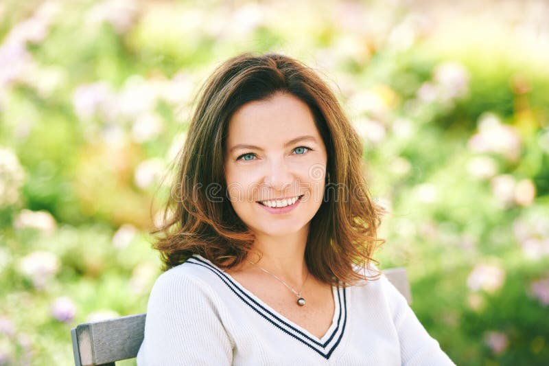 Outdoor Portrait Of Beautiful 40 Year Old Woman Stock Image Image Of