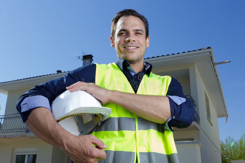 Outdoor Portrait Young Builder with House Project Looking Cheerful ...