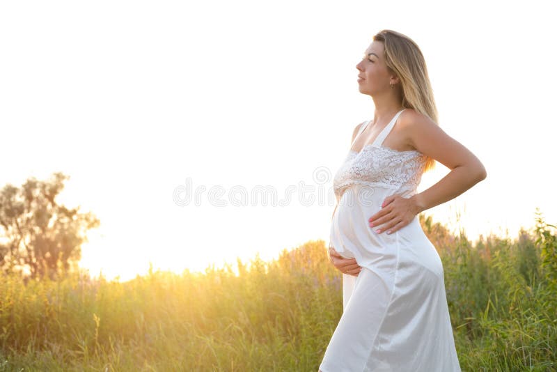 Outdoor Pregnancy Portrait Beautiful Young Pregnant Female Anticipate