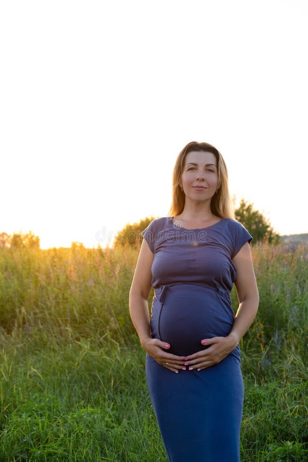 Outdoor Pregnancy Portrait Beautiful Young Pregnant Female Anticipate