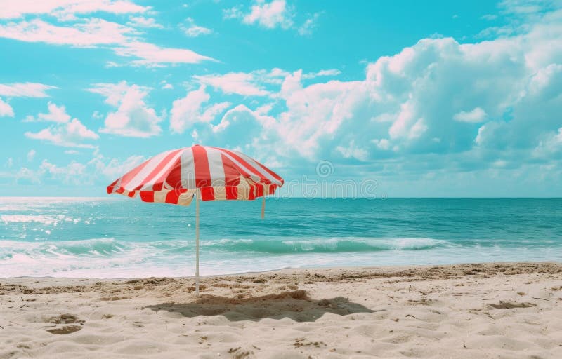 An Outdoor Red and White Striped Umbrella on a Beach Stock Illustration ...