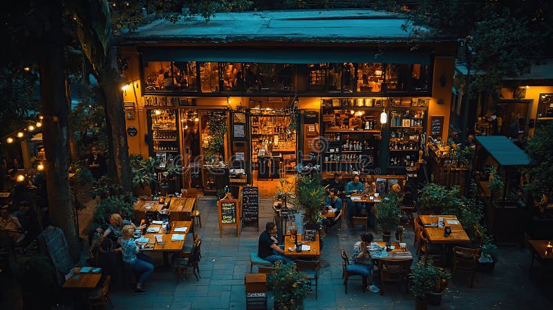 Outdoor Restaurant Patio at Night Stock Illustration - Illustration of ...