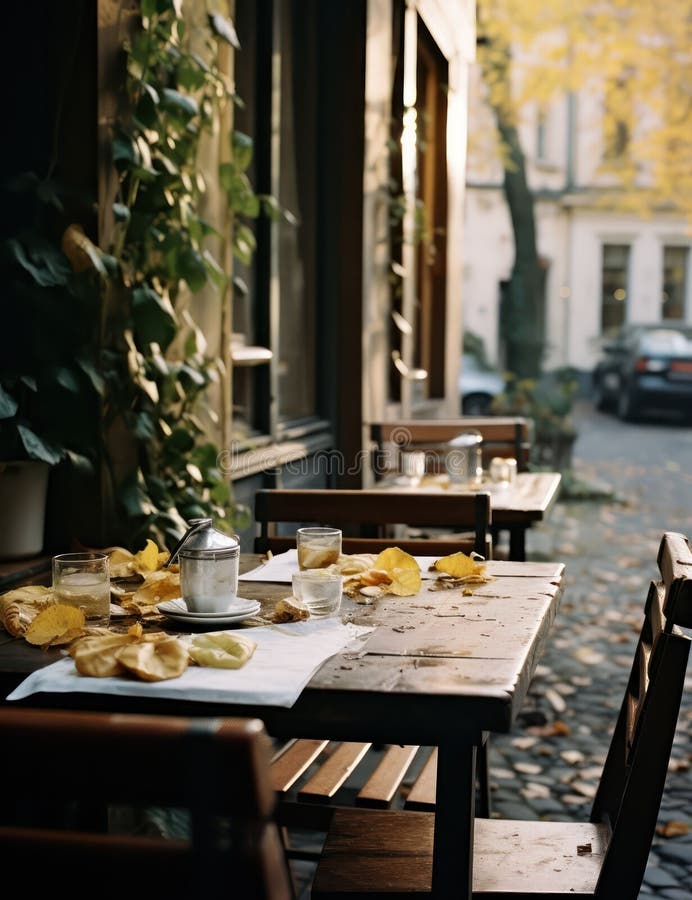 An Outdoor Restaurant with Tables, Benches and Plates of Food Stock ...