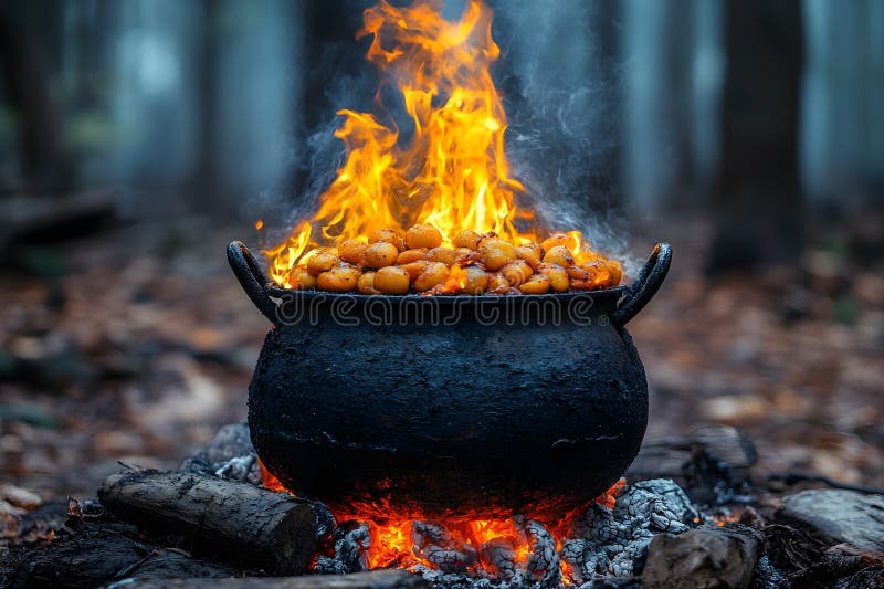 Outdoor Rustic Cooking: Cauldron with Roasted Peppers Over Open Fire in ...
