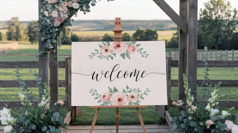Outdoor Rustic Welcome Sign at Wedding Reception Stock Illustration ...