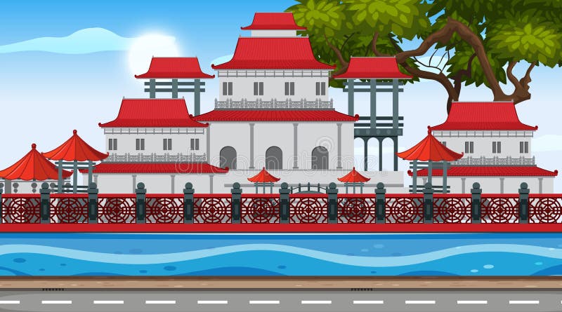 An Outdoor Scene with Asian Castle Stock Illustration - Illustration of ...