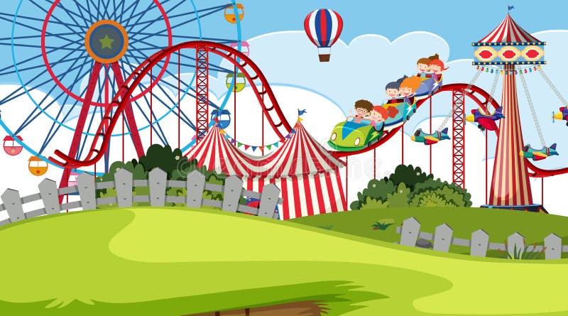 Cartoon Scene Kids Playing Funfair Kids Playground Stock Illustrations ...