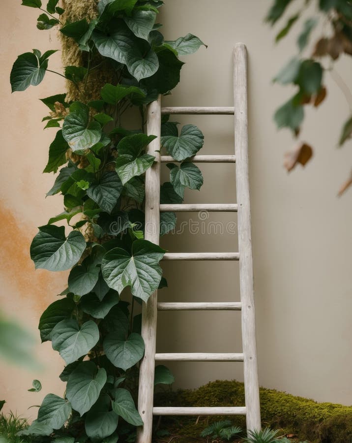 Outdoor Scene with Rustic Ladder and Green Leaves Stock Photo - Image ...