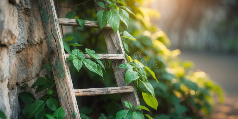 Outdoor Scene with Rustic Ladder and Green Leaves Stock Image - Image ...