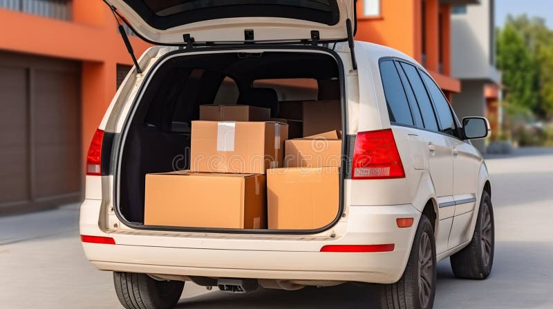 Outdoor Scene Showcasing an Open Car Trunk and Arranged Moving Boxes ...