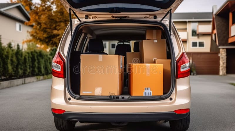 Outdoor Scene Showcasing an Open Car Trunk and Arranged Moving Boxes ...