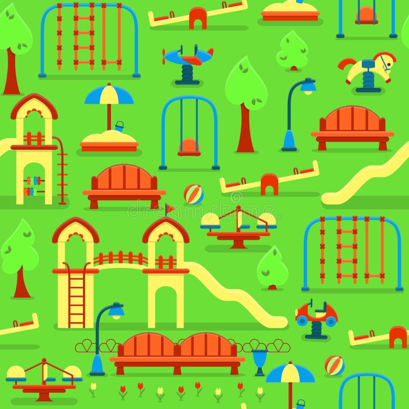 Outdoor Seamless Pattern with Kids Playground Equipment and Bench Stock ...