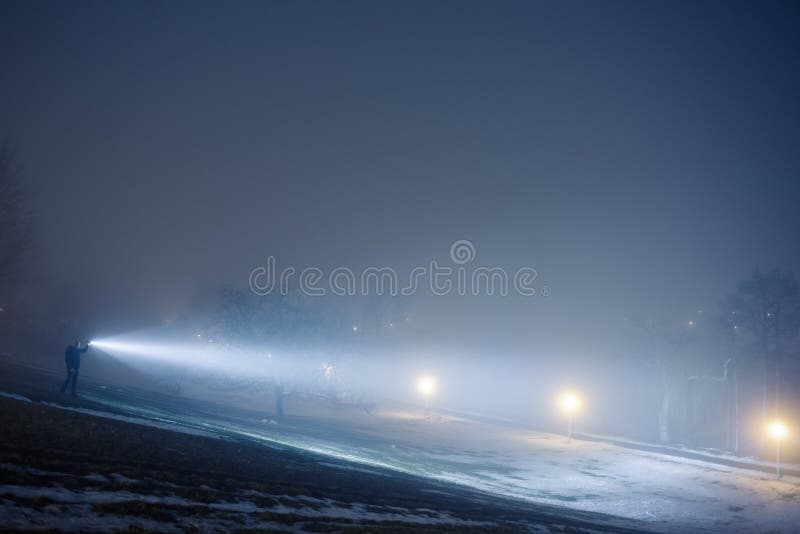 Outdoor Searching with Flashlight at Night. Stock Photo - Image of ...
