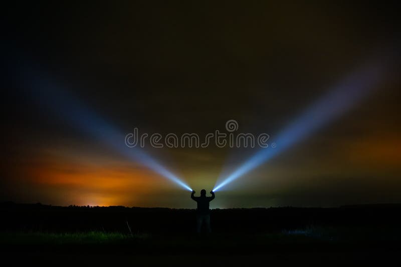 Outdoor Searching with Flashlight at Night. Stock Photo - Image of ...