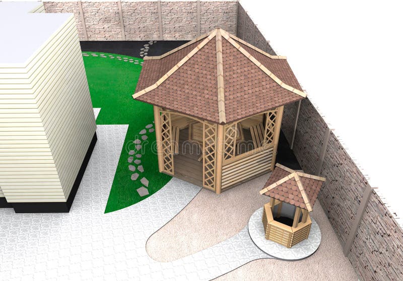 Outdoor Seating Area Design, 3D Render Stock Illustration ...