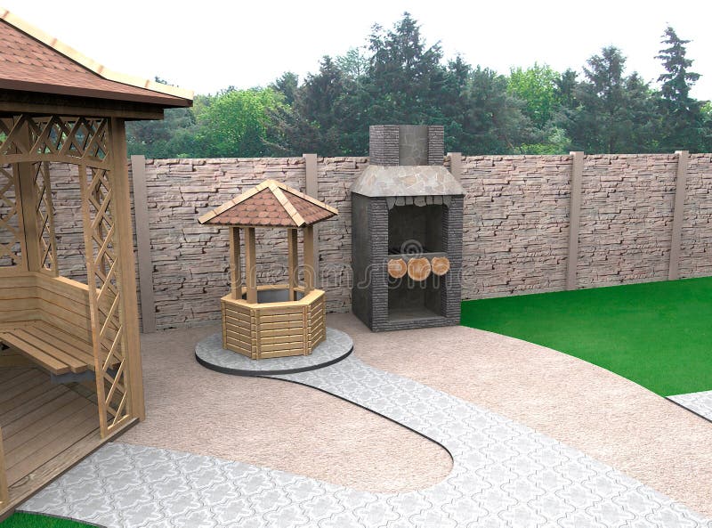 Outdoor Seating Area, 3d Rendering Stock Illustration - Illustration of ...