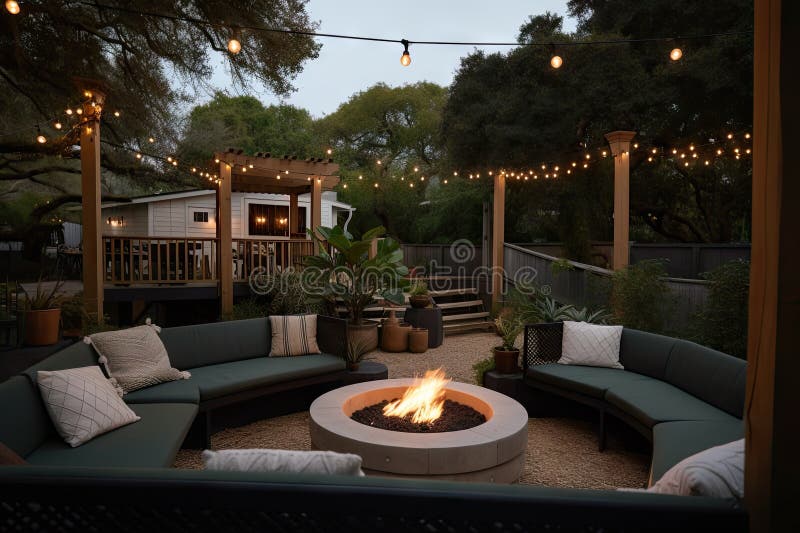 Outdoor Seating Area with Fire Pit and Twinkle Lights for Cozy Ambiance ...