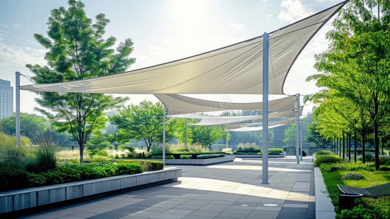 Outdoor Seating Area with Modern Shade Structure in a Park Stock ...