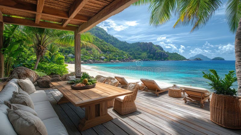 Outdoor Seating Area with a Wooden Deck, Table, and Chairs Stock Photo ...