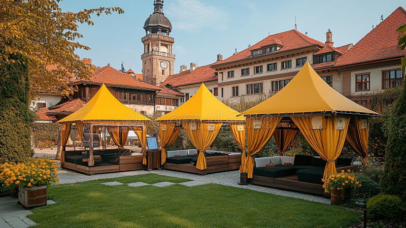 Outdoor Seating Area with Yellow Canopies in a Courtyard Setting Stock ...