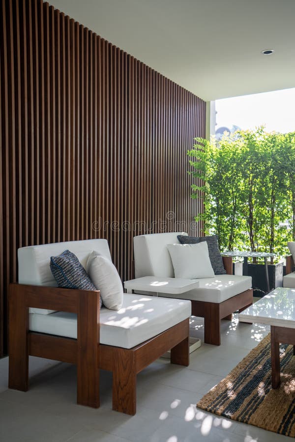 Outdoor Seating Corner with Wood Batten Background in Tree Shade ...