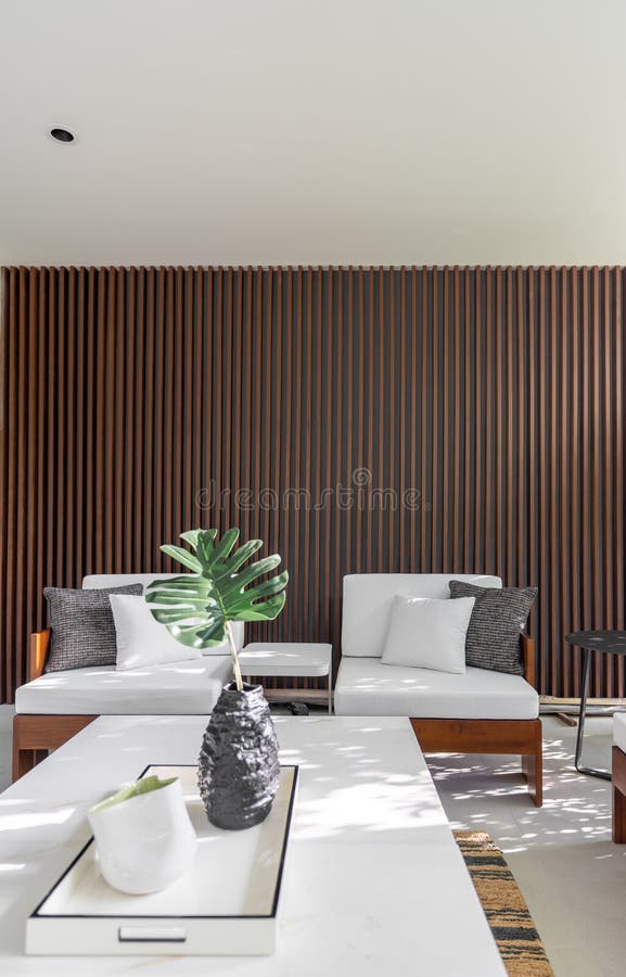 Outdoor Seating Corner with Wood Batten Background in Tree Shade ...