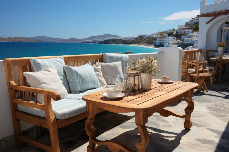 Outdoor Seating on a Terrace on a Greek Island. Generative AI Stock ...
