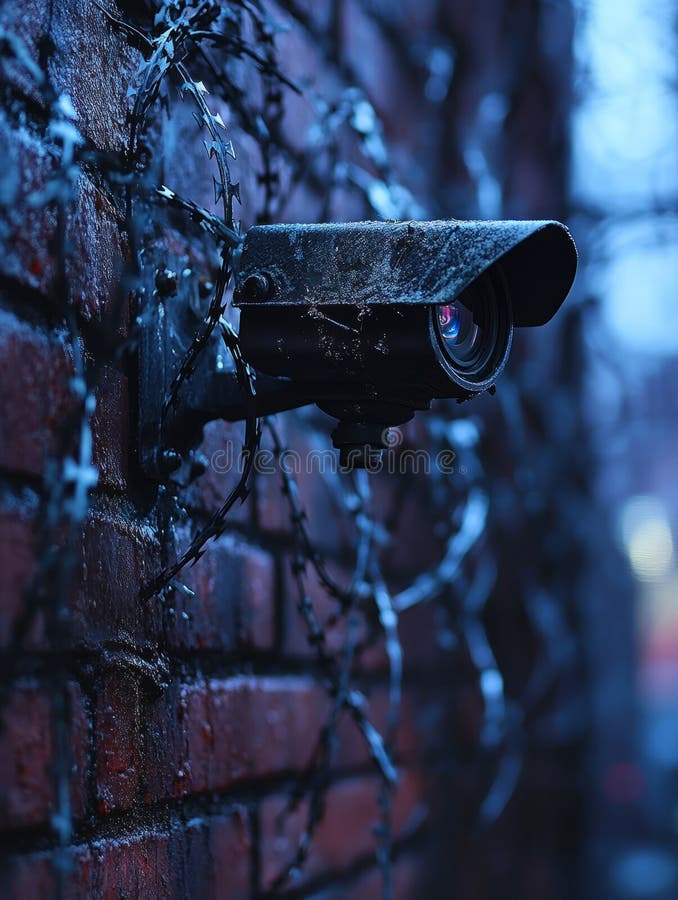 Outdoor Security Camera on a Brick Wall with Barbed Wire. Stock Image ...