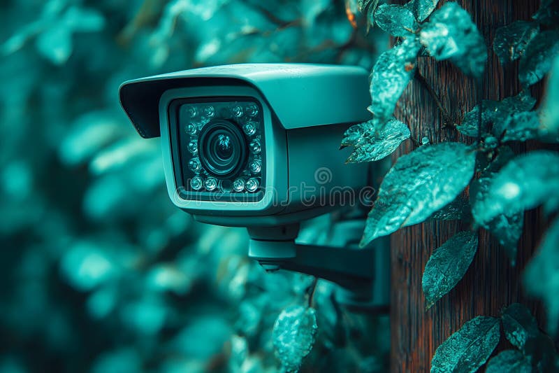 Outdoor Security Camera on Wooden Post in Lush Greenery for Home ...