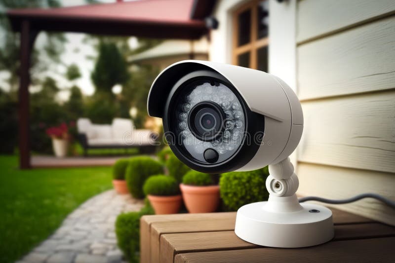 An Outdoor Security Camera Sitting on Wooden Deck. Generative AI Stock ...