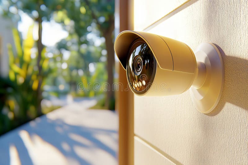 Outdoor Security Camera on Wall in Sunlit Garden Setting Stock ...