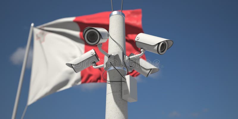 Flag of Malta and Four Security Cameras, 3d Rendering Stock ...