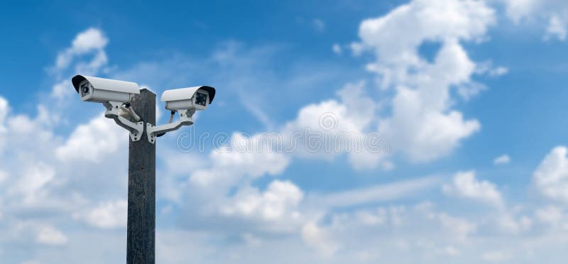Outdoor Security CCTV Cameras on Blue Sky Background . Copy Space Stock ...