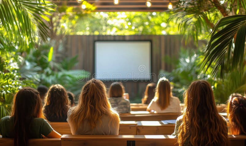 Outdoor Seminar Setting with Audience Facing Blank Screen Surrounded by ...