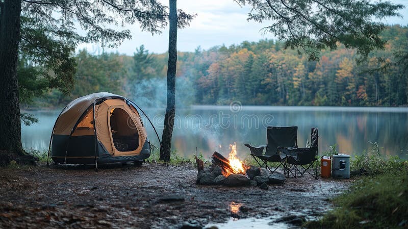 Outdoor Setup, Pod beside Campfire Gear . Stock Image - Image of night ...