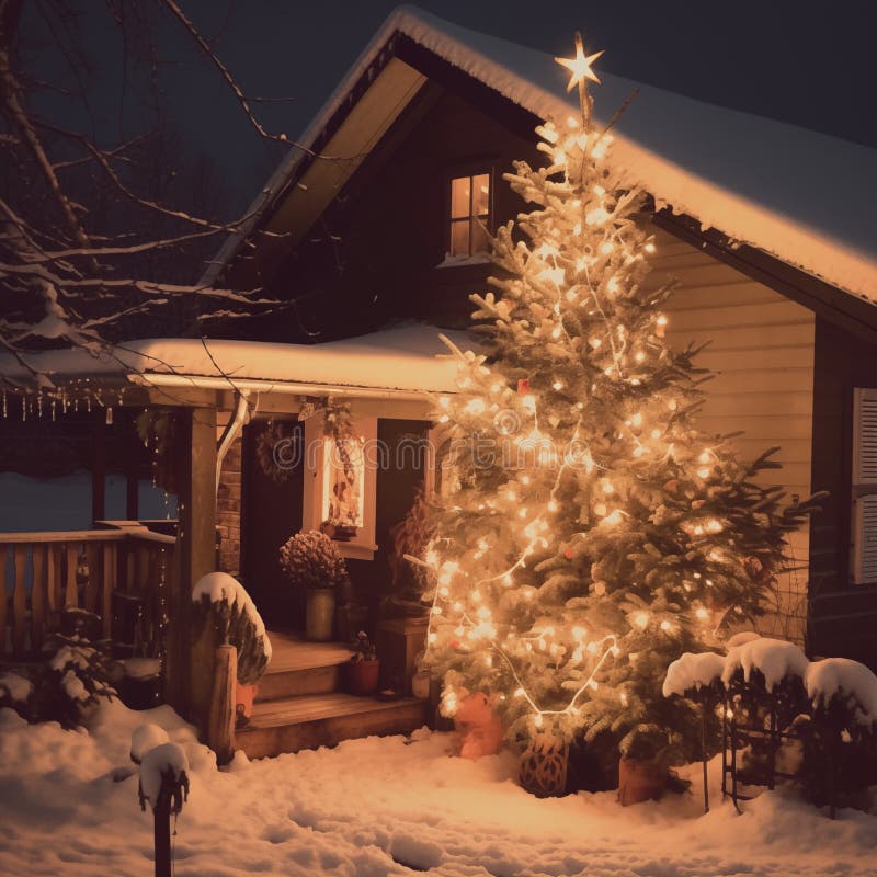 Outdoor Christmas Tree Decorations House Lights Stock Illustration ...