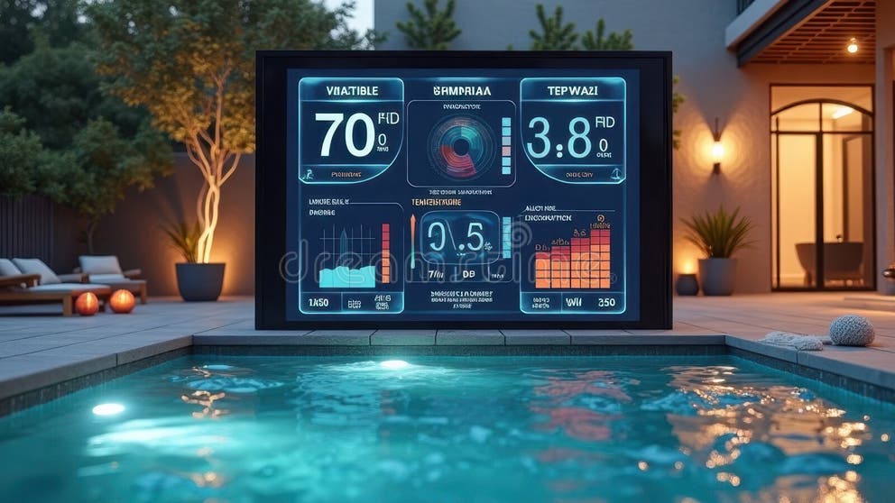 Outdoor Smart Home Dashboard Displaying Pool and Weather Data at Dusk ...