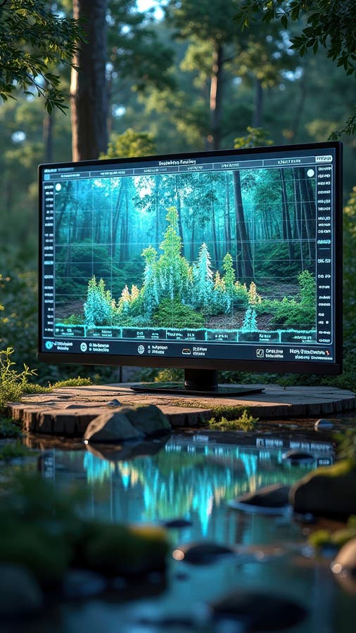Outdoor Smart Tv Displaying Lush Forest Scene Near Tranquil Stream ...