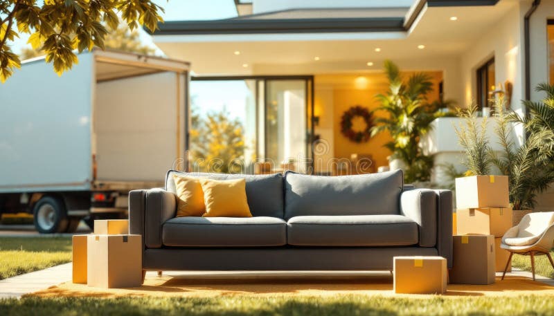 Outdoor Sofa and Moving Boxes in Front of Modern House during Move-in ...