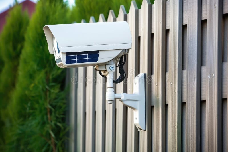Outdoor, Solar-powered, Wireless Security Camera on Fence Stock ...