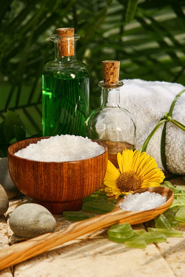 Spa Setting with Natural Olive Soap and Sea Salt Stock Photo - Image of ...