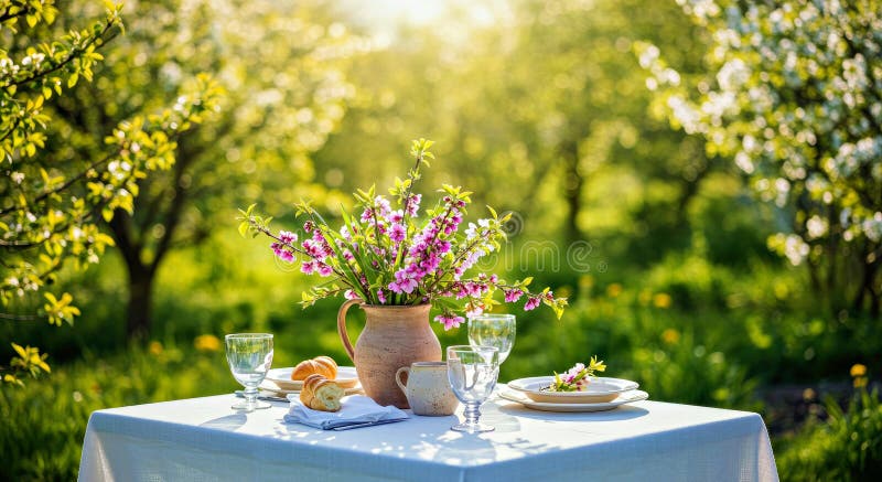 Outdoor Spring Table Sunny Blooming Garden Background Stock ...