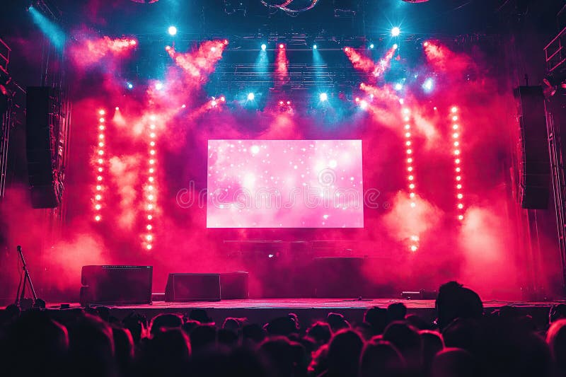Outdoor Stage with Musical Instruments and a Big Screen in Stage Smoke ...